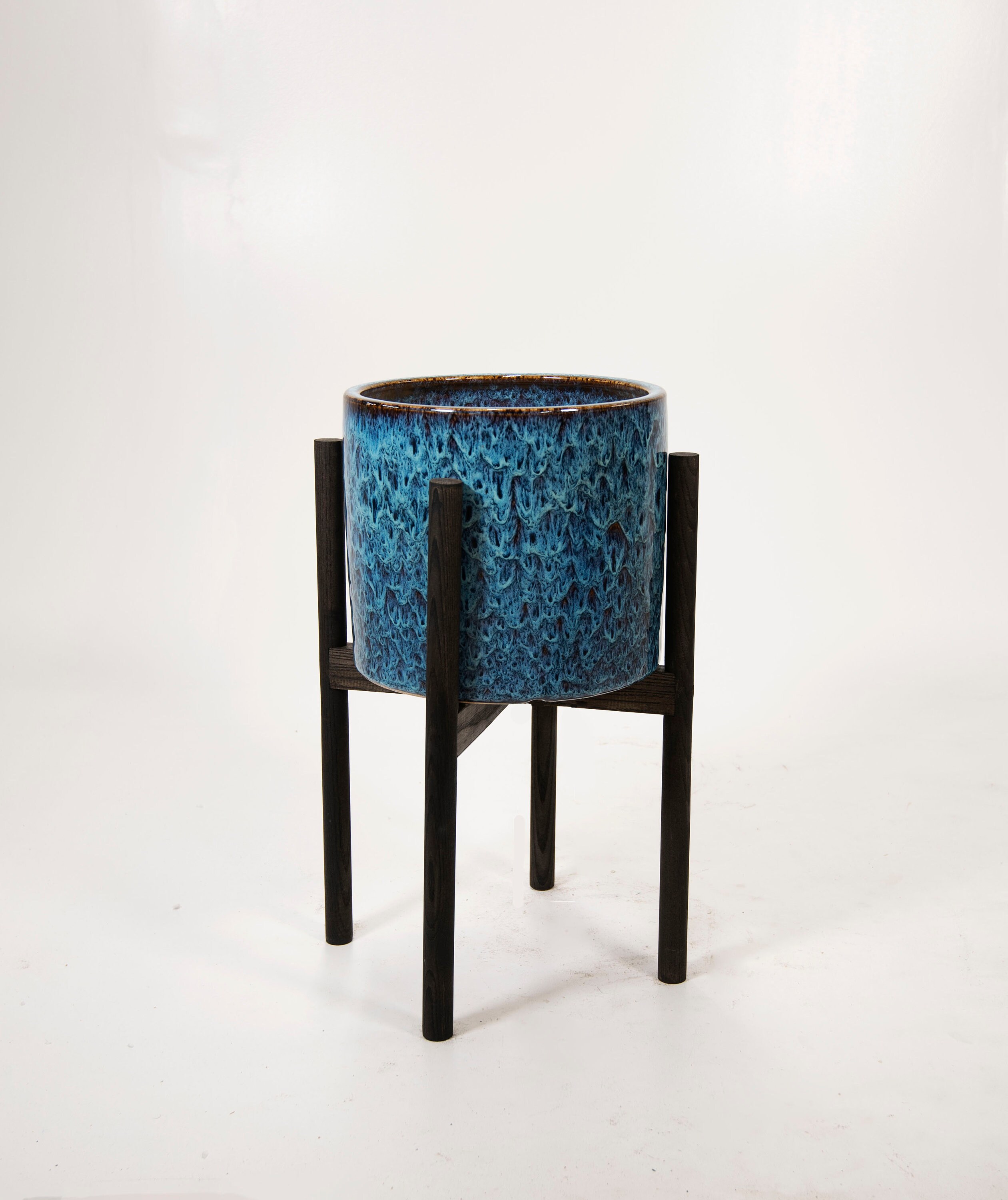Ceramic Pot With Wood Plant Stand - 10 Inch Indoor Peacock Pot - Large ...
