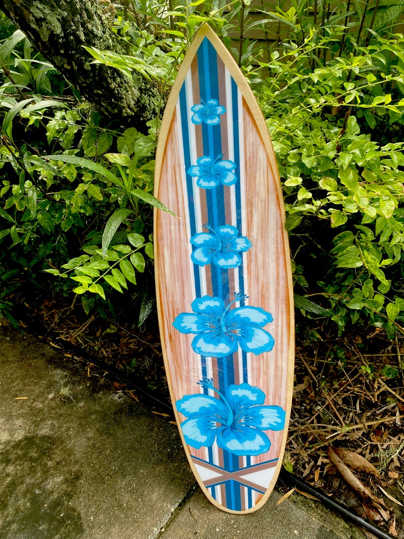 Surfboard Turtles and Hibiscus Light Blue Lines Tropical | Etsy