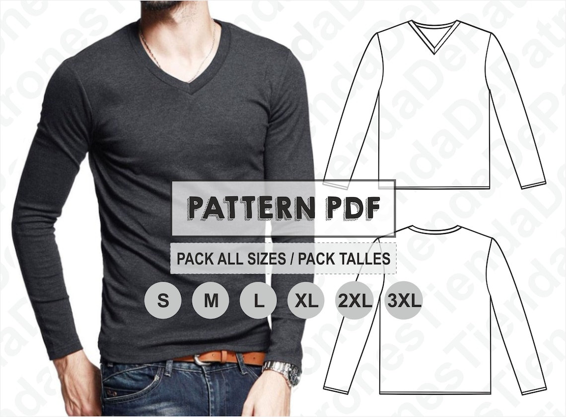 PATTERN T-shirt for Men Collar V Long Sleeve Sewing Pattern - Etsy