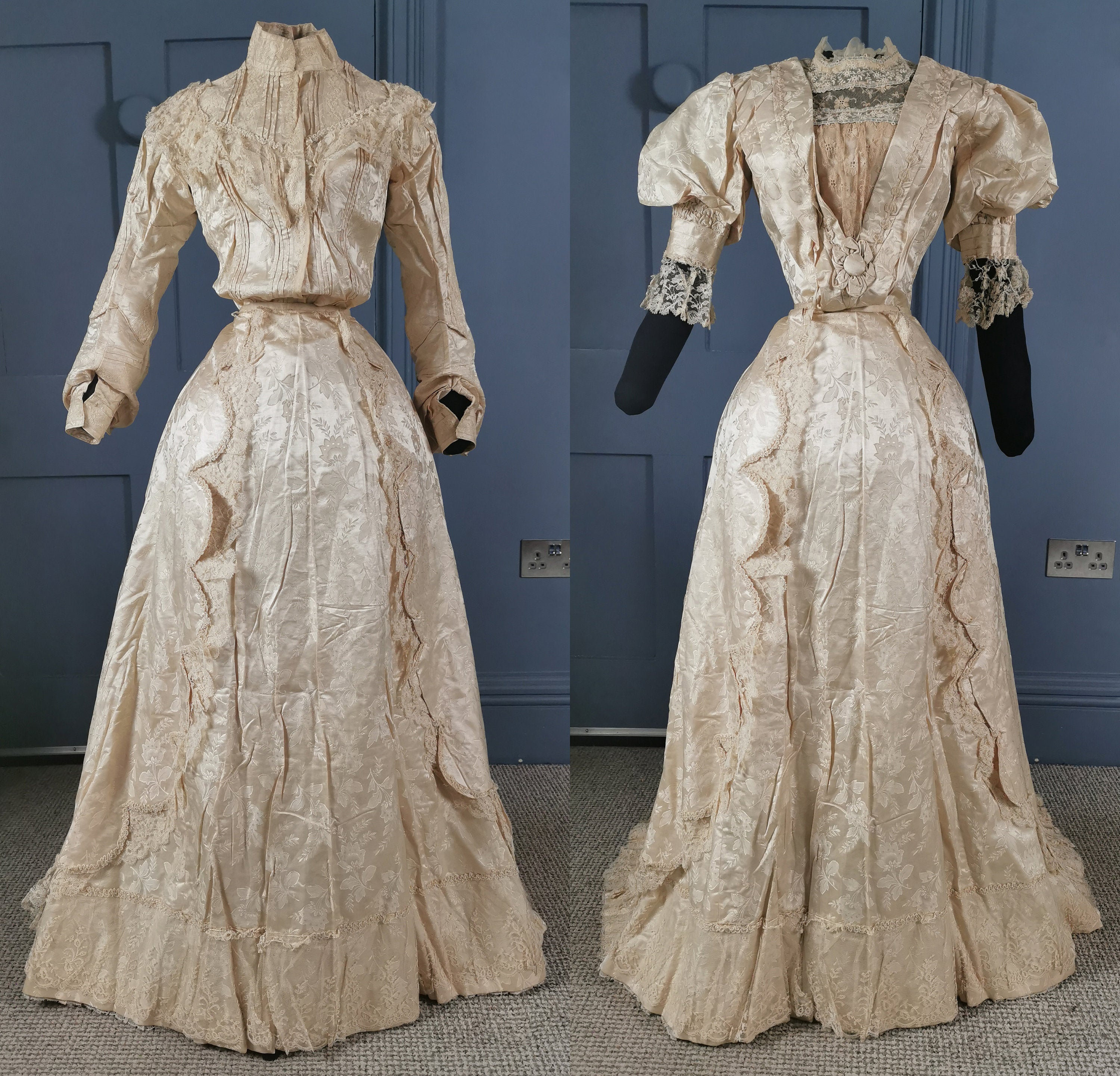 Exquisite Edwardian / Early 1900s Silk Damask Wedding Dress With Two ...