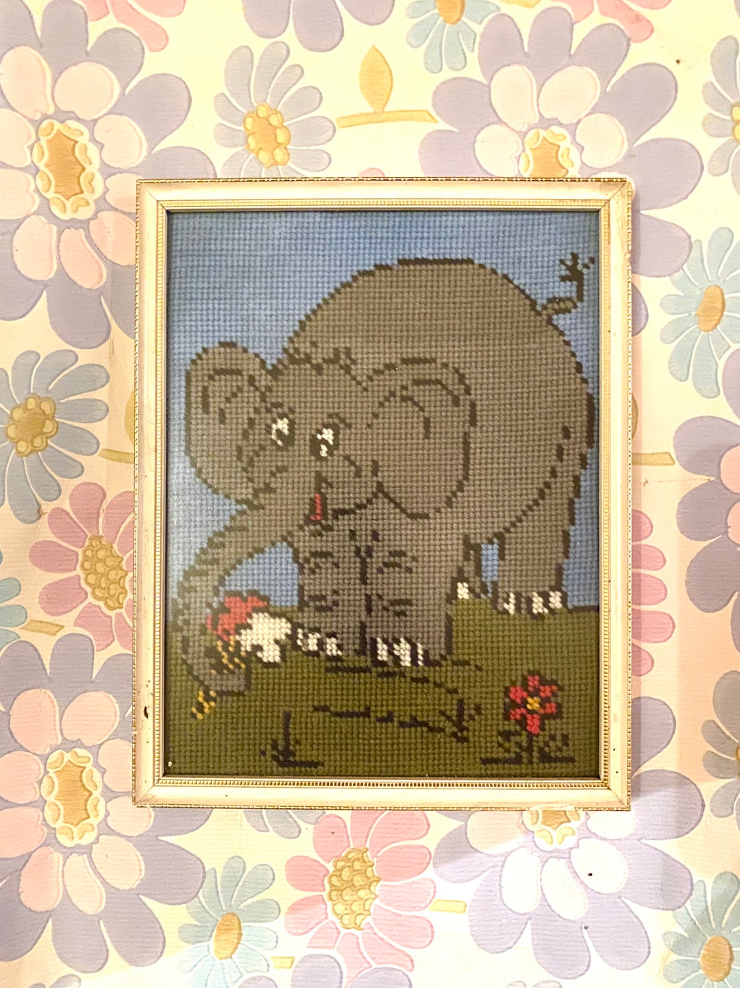 Vintage Framed Elephant Needlepoint, 70s Kitsch Nursery Decor - Etsy