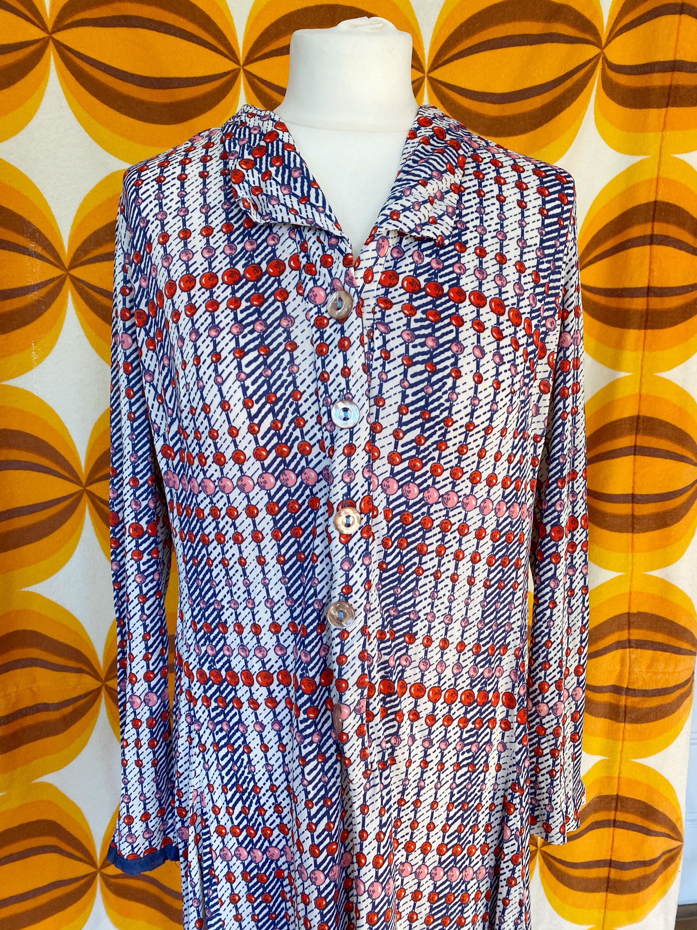 Vintage 70s Dress Geometric Pattern Dots Pearls Blue Pink Red | Etsy