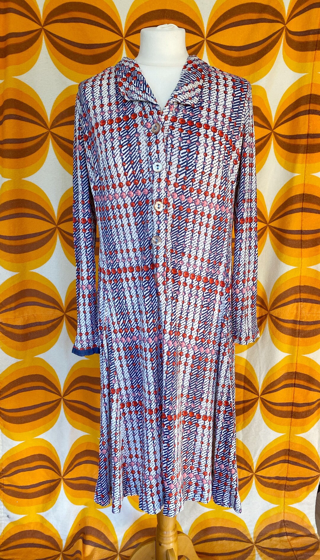 Vintage 70s Dress Geometric Pattern Dots Pearls Blue Pink Red - Etsy