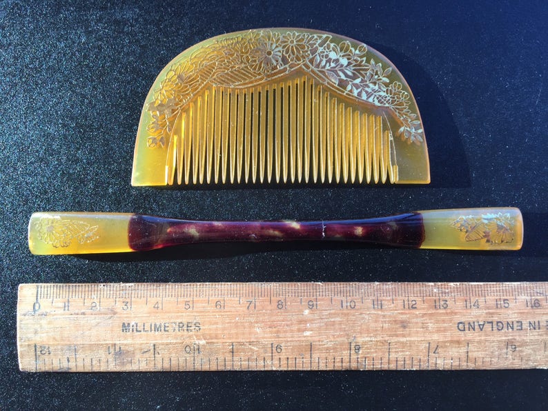 Japanese Vintage Dacorative Hair Comb and Hair Stick Set With Floral ...