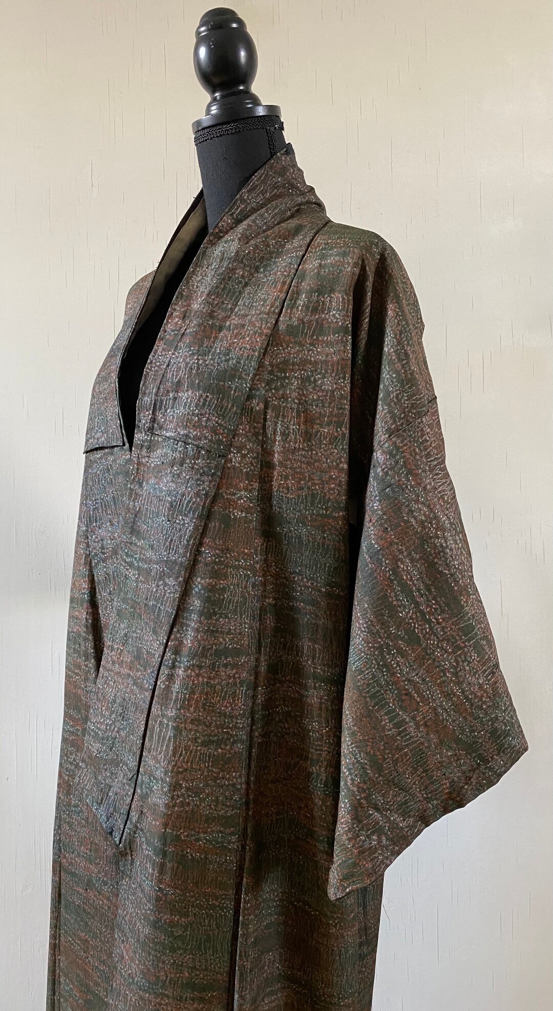 Deep Green Impressionistic Long Kimono Robe Authentic Japanese Vintage ...