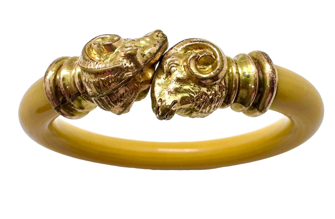 Antique Art Deco Celluloid Gilded Double Ram's Head Bypass Cuff ...