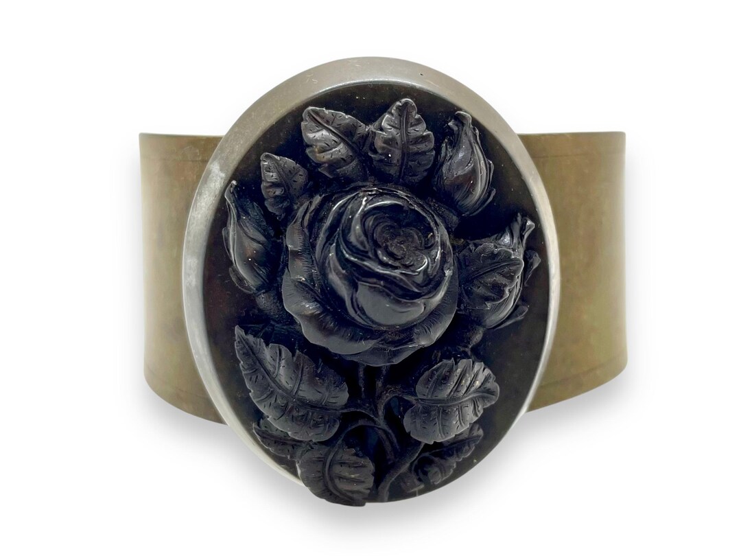 Antique Victorian Era Vulcanite Rose Flower Design Carved Wide Cuff ...
