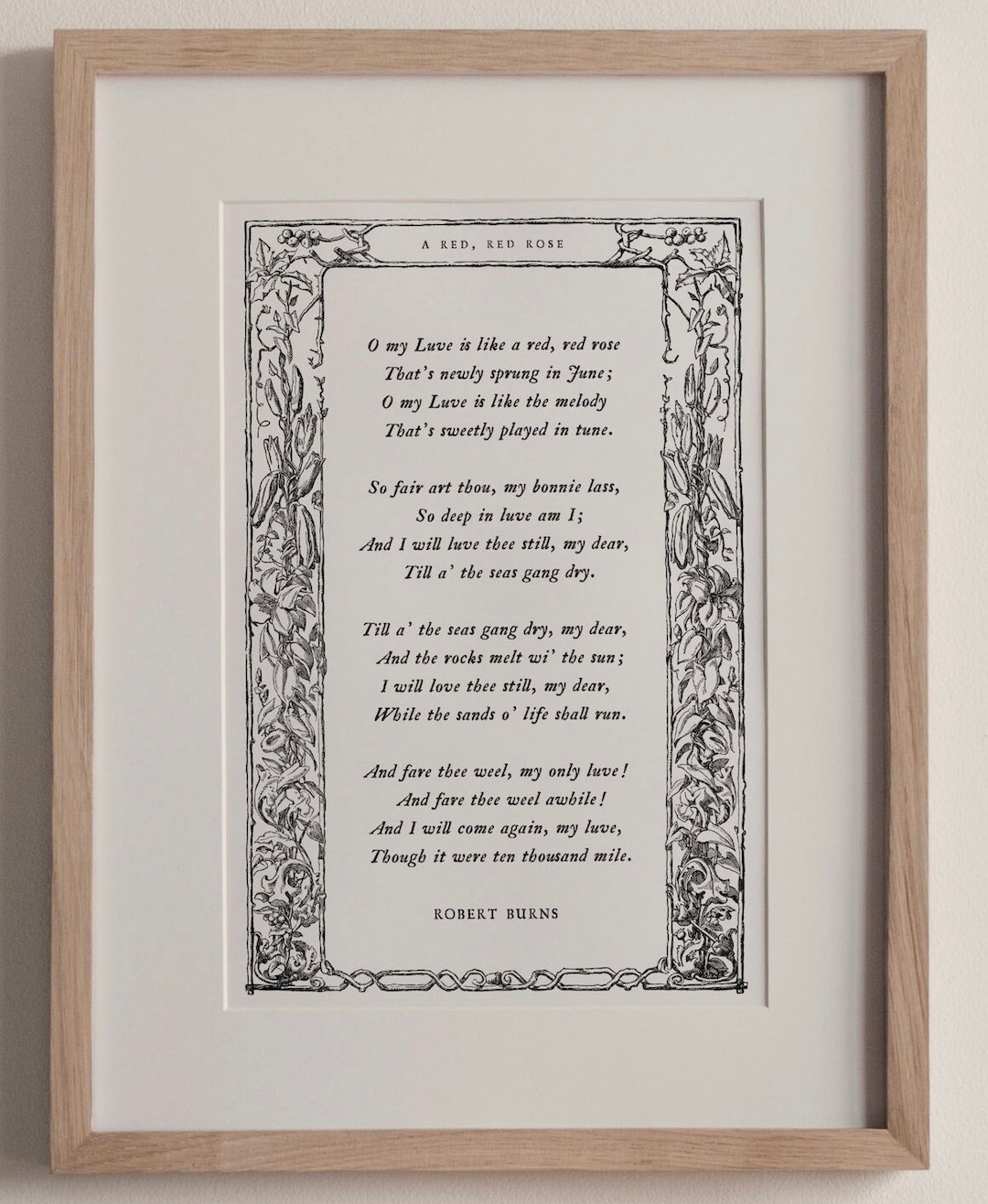 A Red, Red Rose by Robert Burns, Valentine Poem, Gift for Valentine's ...