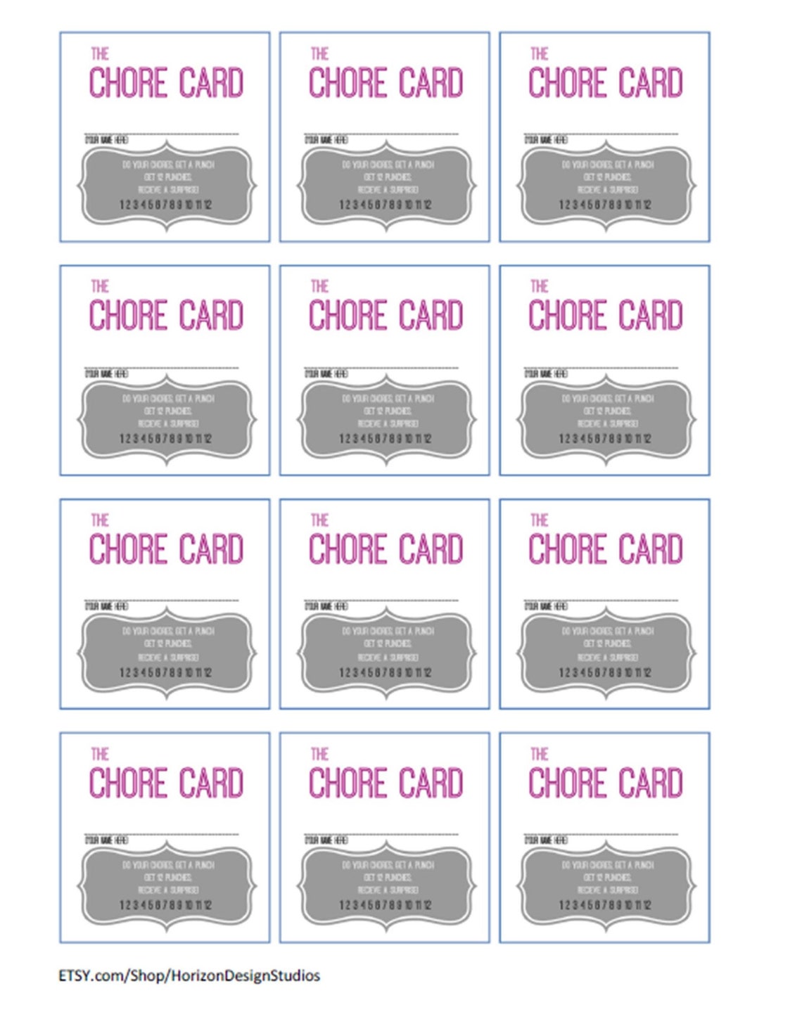 Downloadable Chore Card/12 Chord Cards per Download/chore Card Pdf ...
