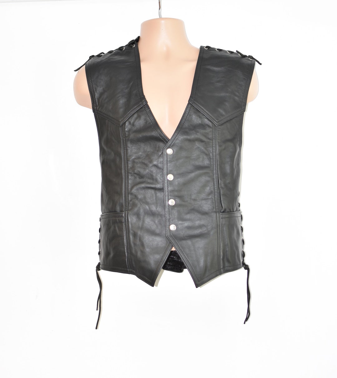 Vintage Men's Real Leather Lace Motorcycle Biker Black Vest Waistcoat ...