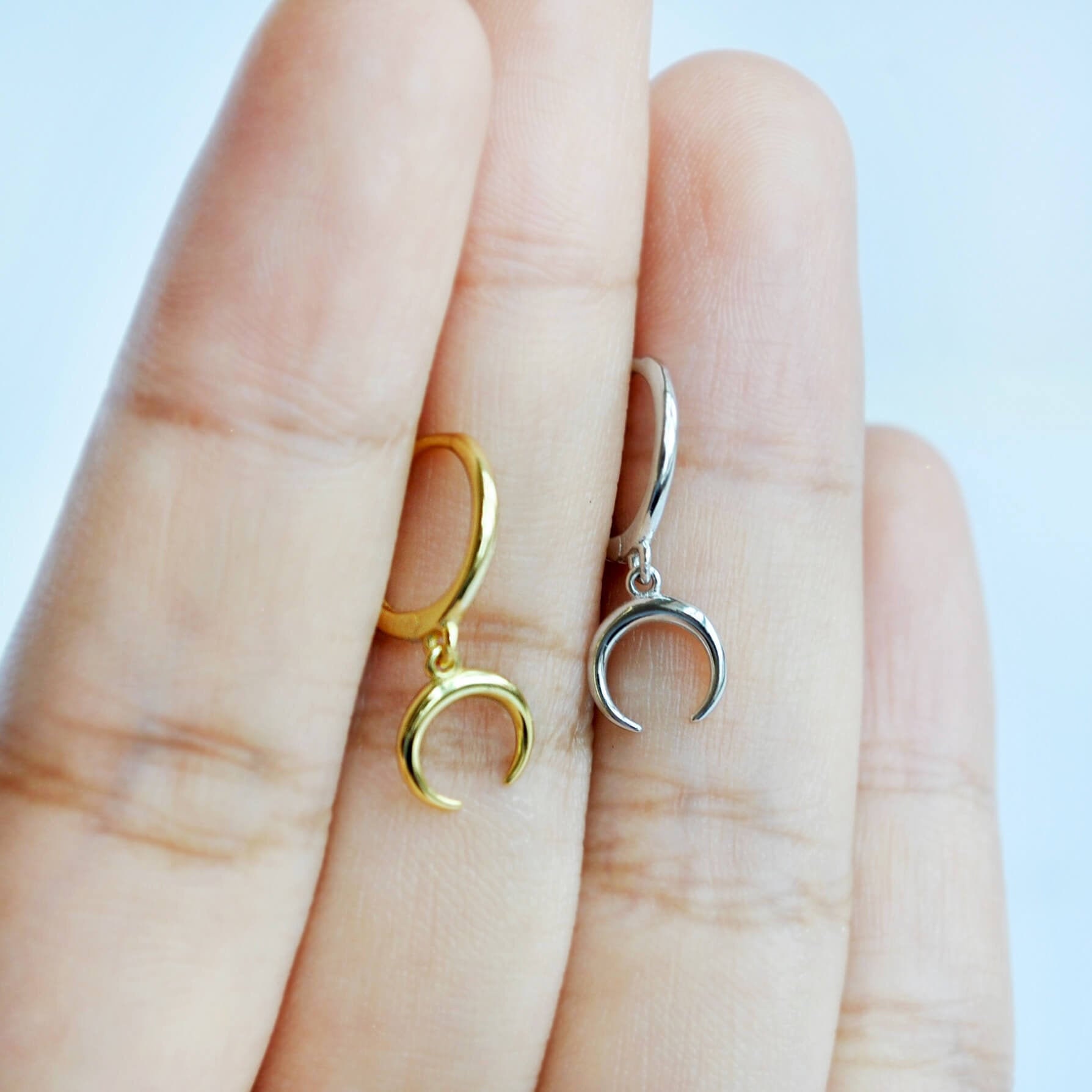 Gold huggie hoop earrings with horn charm. Small sterling | Etsy