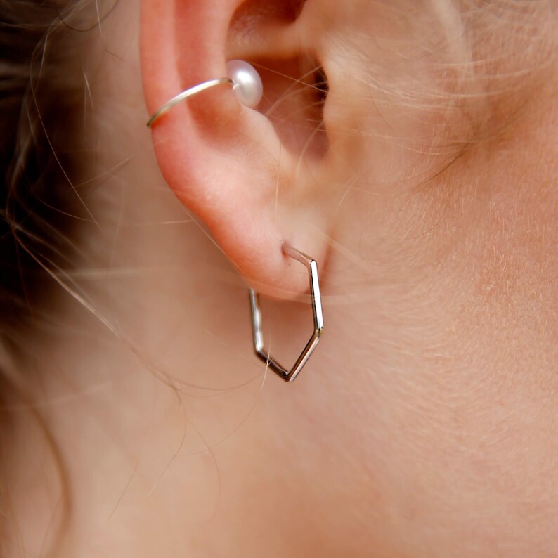Geometric Hexagon Sterling Silver Hoop Earrings Minimalist - Etsy