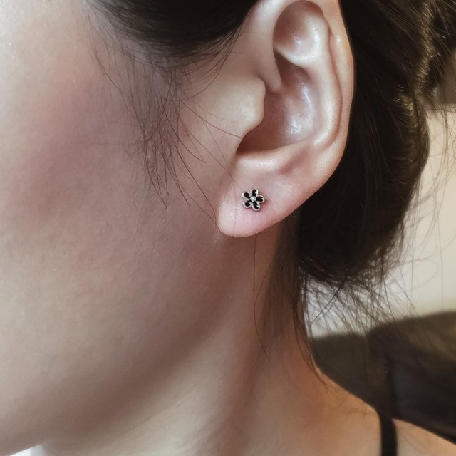 Tiny Sterling Silver Flower Stud Earrings. Dainty Black Floral | Etsy