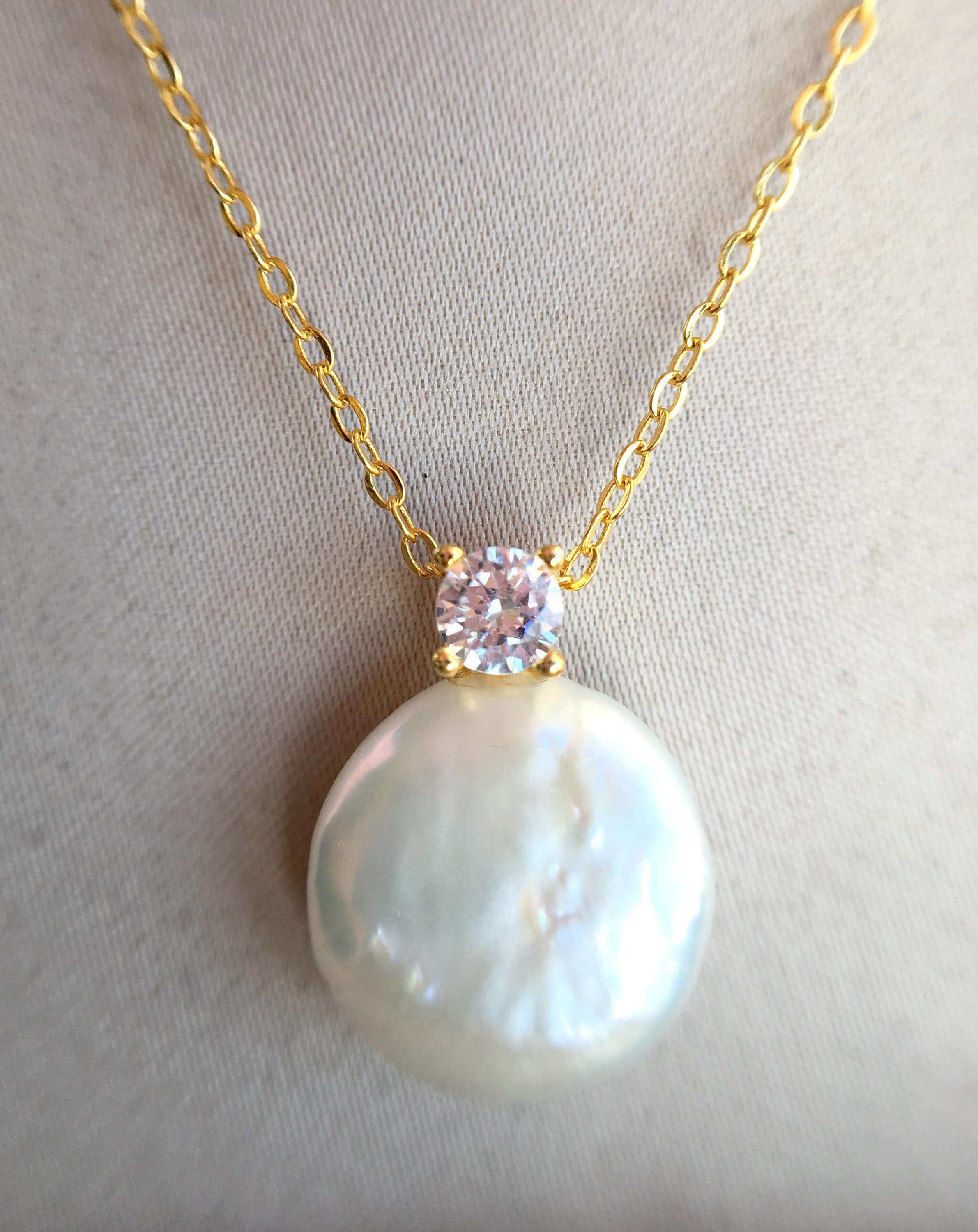 June Birthstone Coin Pearl Necklace, Sterling Silver Freshwater Pearl ...