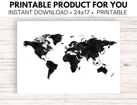 Black & White World Map Printable World Map Print World Map - Etsy