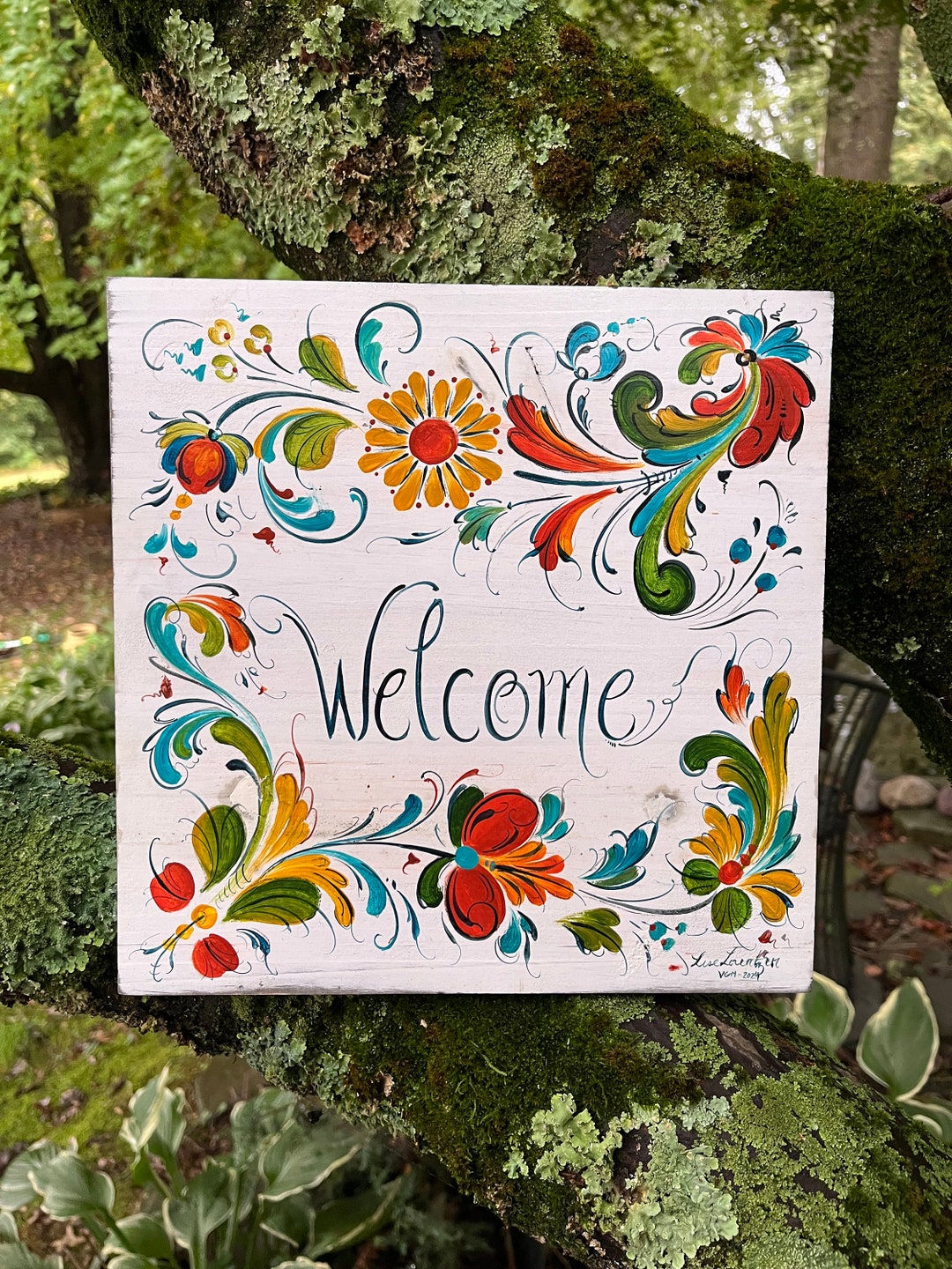 Shabby Chic Wooden Welcome Sign, Norwegian Rosemaling by Lise Lorentzen ...