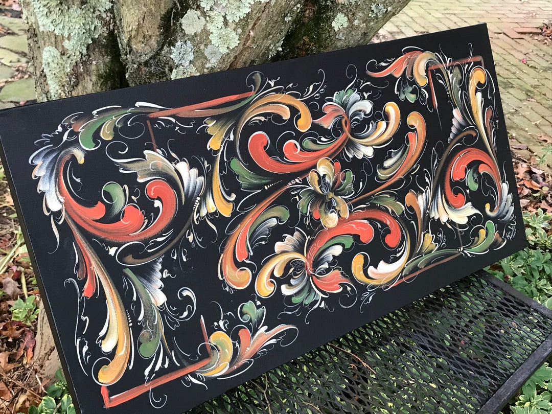 Norwegian Rosemaling, Modern Telemark Rosemaling Canvas, 30 X 15 Large ...
