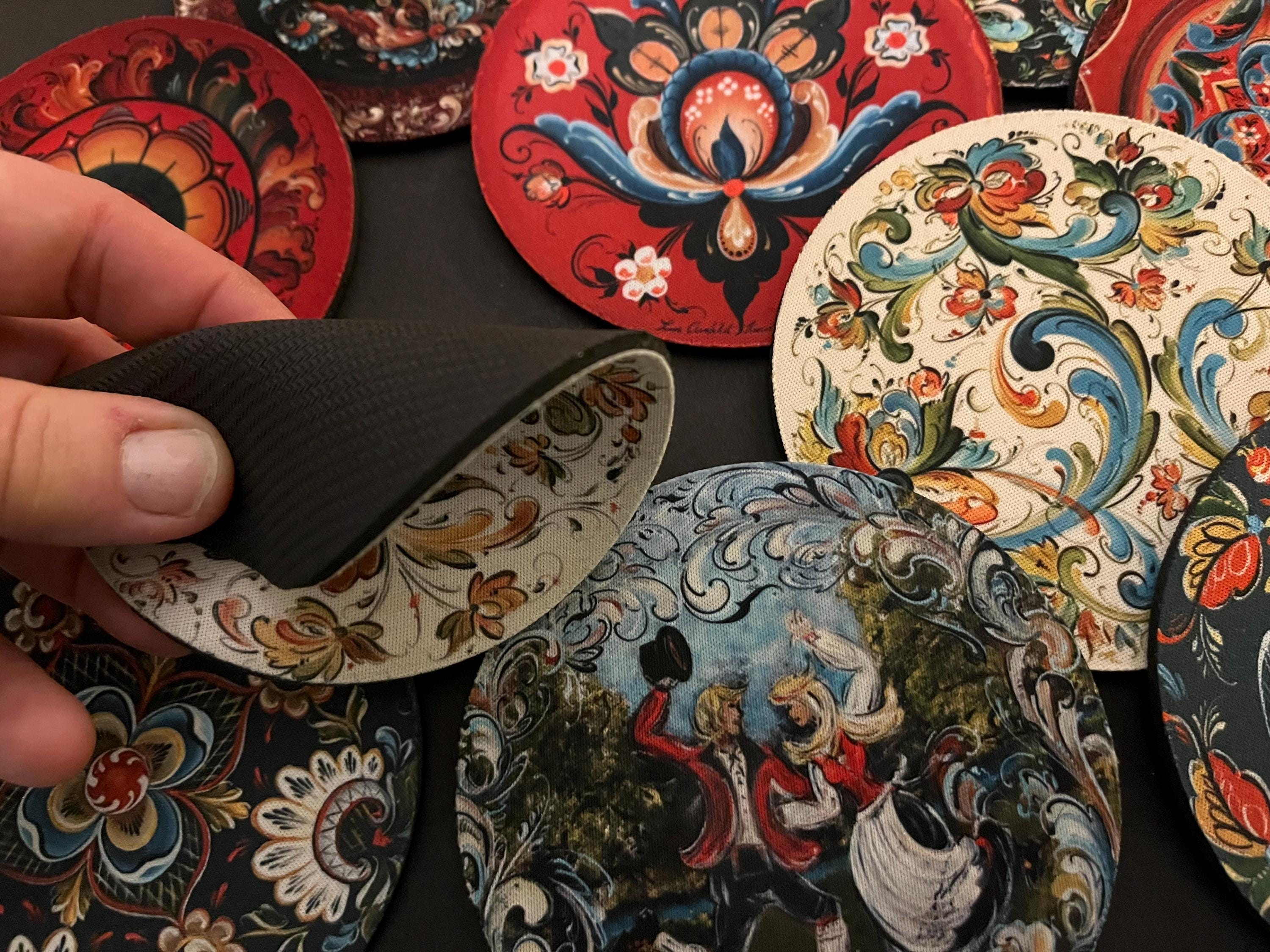 Rosemaling Round Neoprene Coasters, Norwegian Folk Art - Etsy