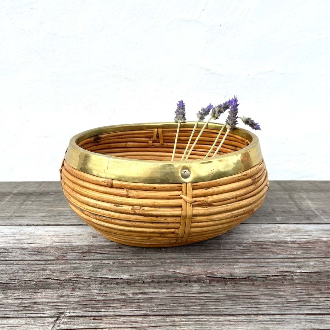 Rattan and Brass Basket, Vintage Rattan Basket, Rattan Basket With ...