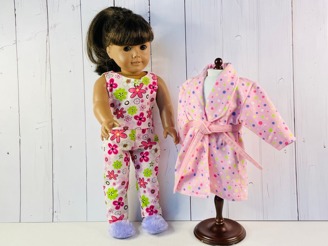 Pink Flower Print Pj’s, Bathrobe, and Slippers Doll Clothes for Most 18 ...