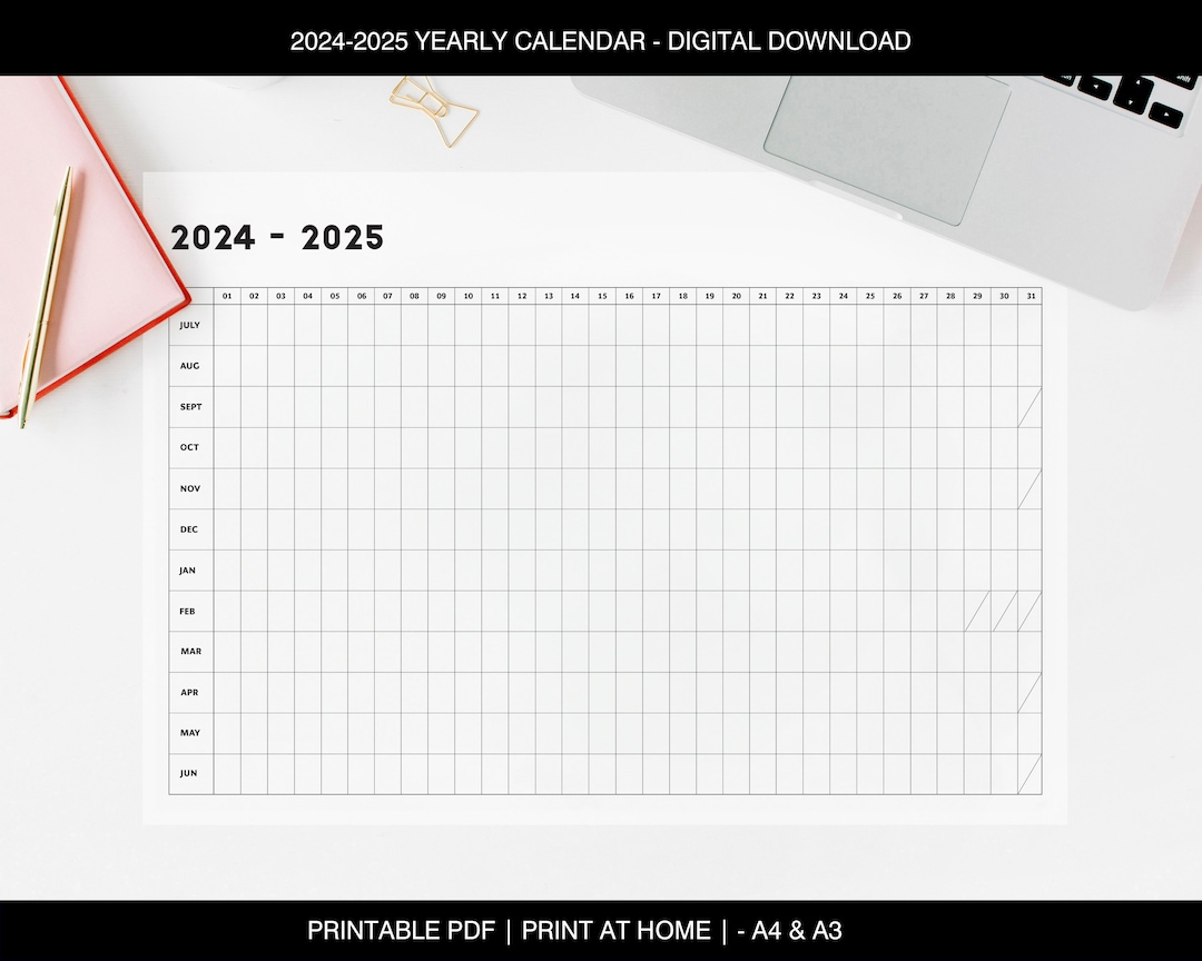 July 2024 - June 2025 Yearly Calendar | Instant Printable Digital ...