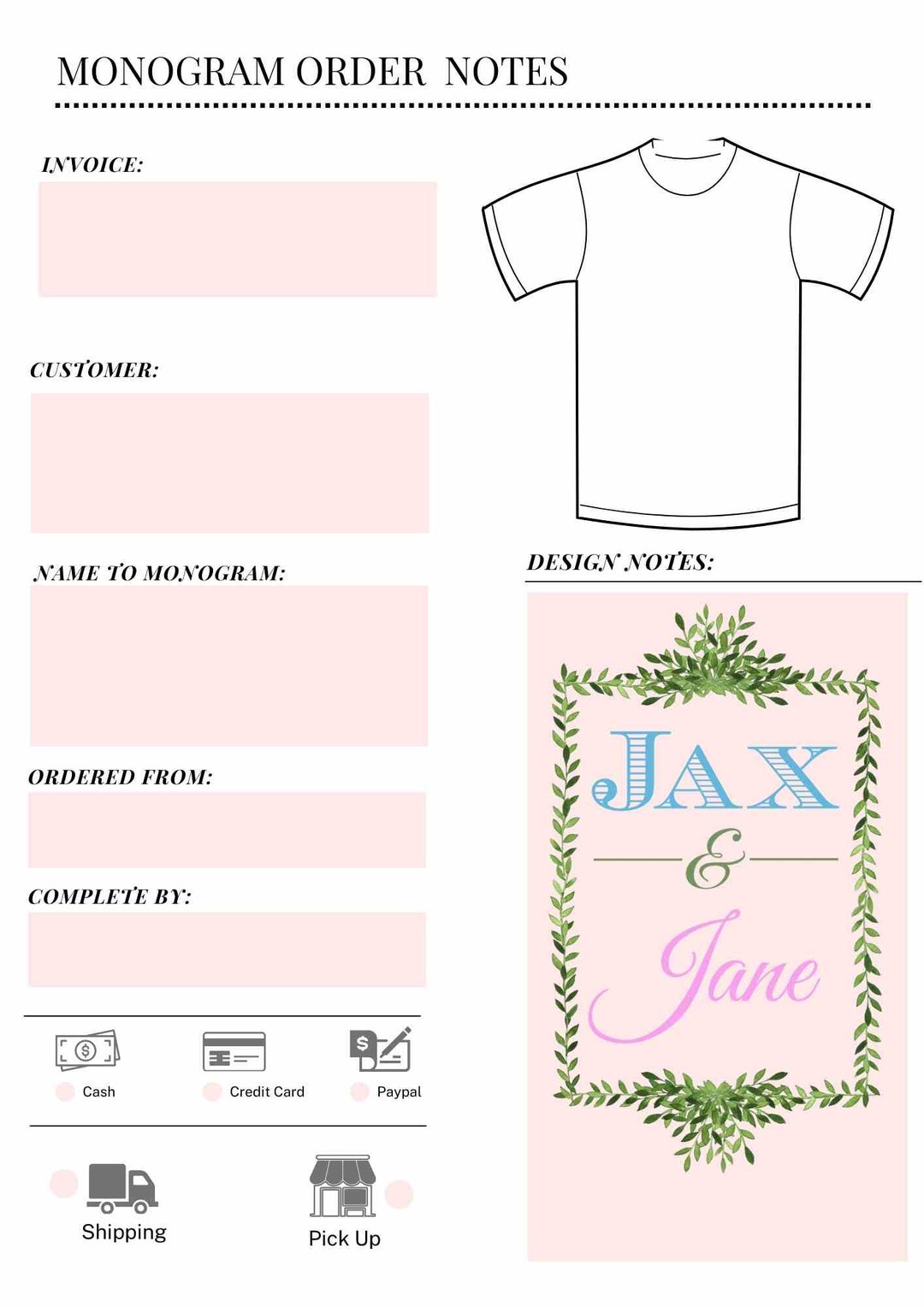 PRINTABLE Monogramming Order Forms, Embroidery Order Form, Printable ...