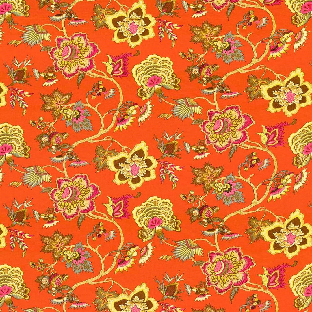 Samoan Plantation Floral Cotton Fabric - Orange Sunstone Drapery ...