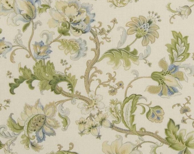 Jacobean Floral Linen Fabric Remnant: Blue Green Upholstery, Drapery ...