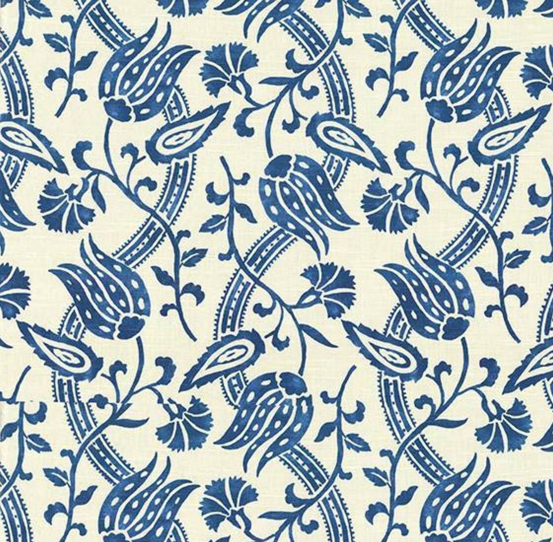 Floral INDIGO BLUE Home Decor Cotton Drapery Upholstery Pillow Sewing ...