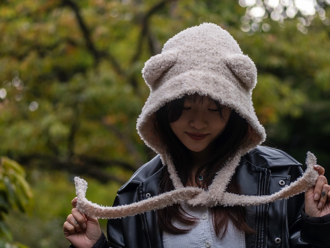 Cozy Cute Bear Ears Hat, Wool Crochet Bonnet, Winter Knit Balaclava ...