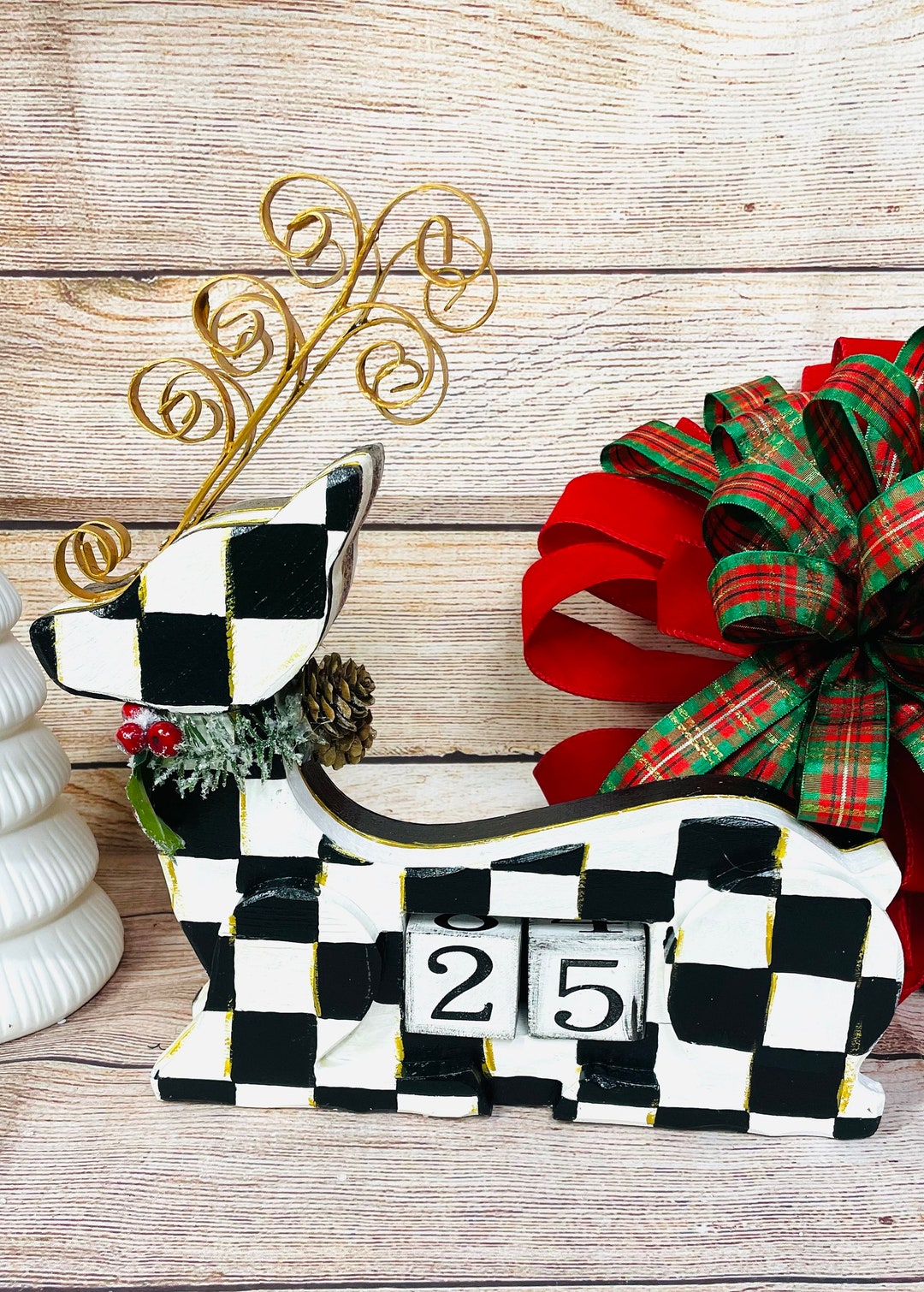 Christmas Black & White Check Reindeer Centerpiece, Reindeer Stationary ...