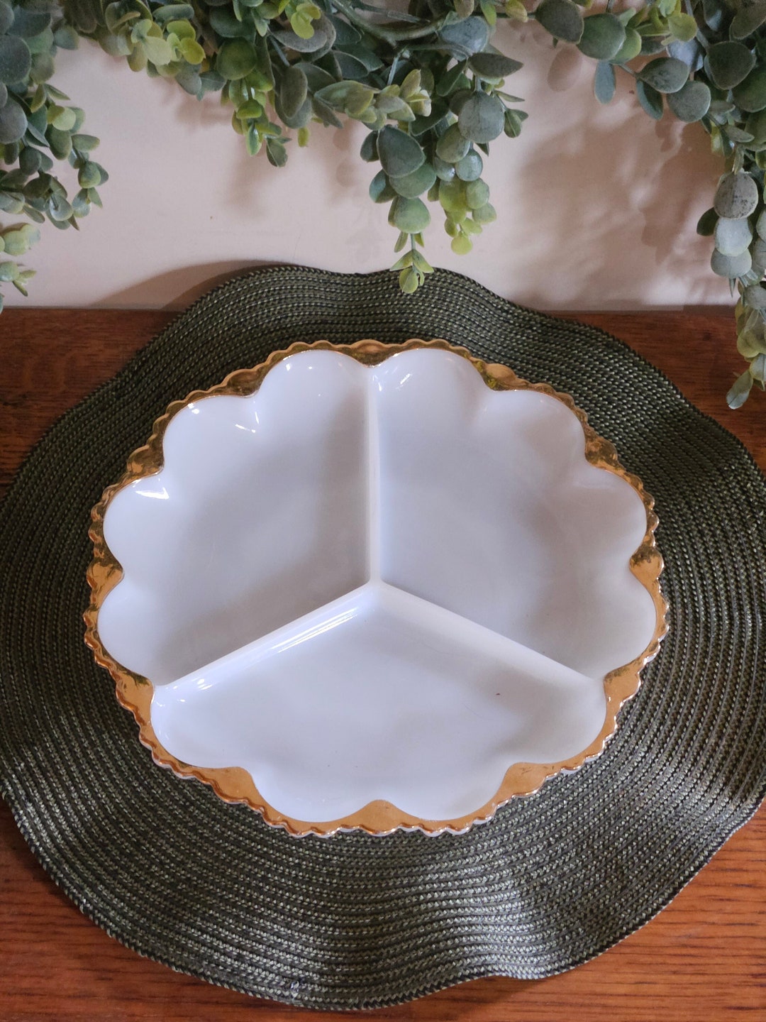 Vintage Fire King Milk Glass Divided Dish With Gold Rim - Etsy