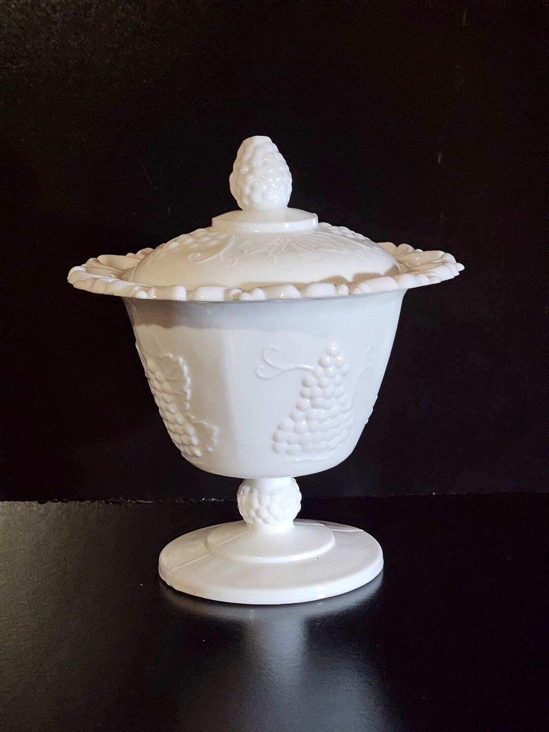 Vintage Indiana Glass Milk Glass Harvest Grape Lace Edge Compote With ...