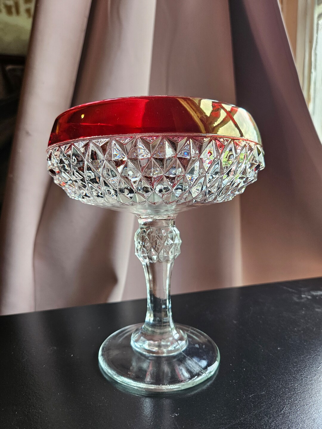 Vintage Indiana Glass Diamond Point Ruby Band Crystal 0199 Compote - Etsy