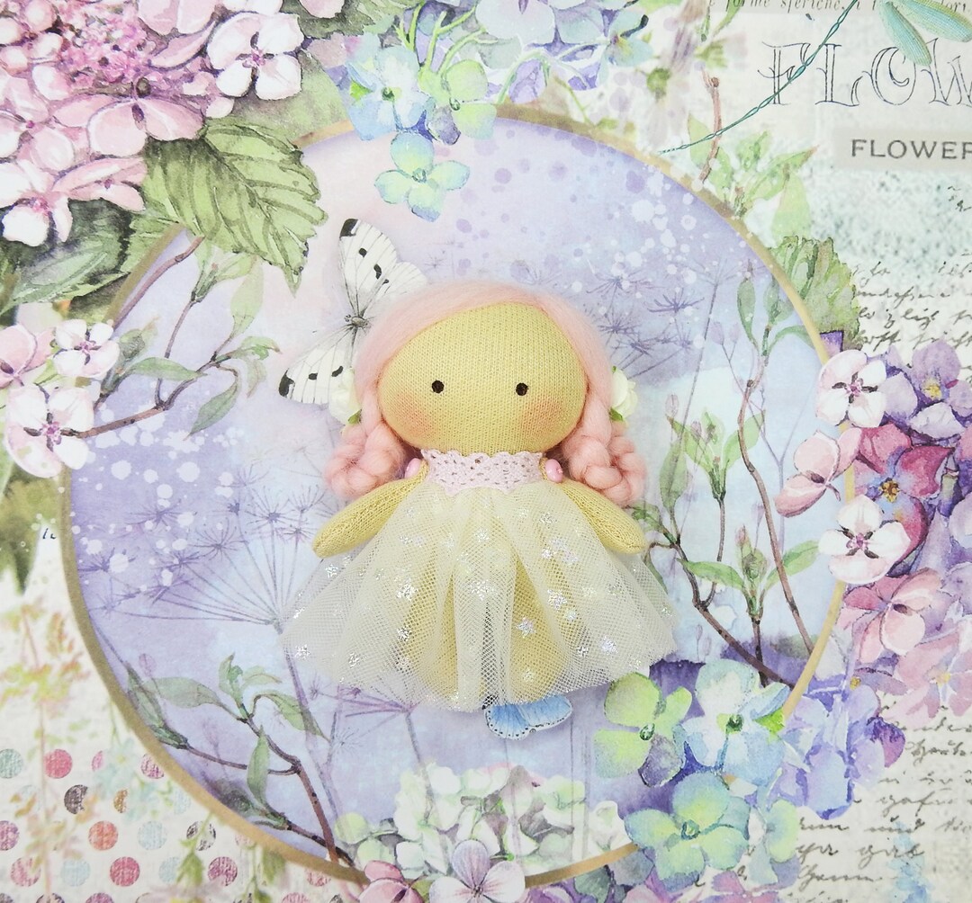 Pink Hair Doll Cream Dress Small Doll Tiny Doll Rag Doll Pink Little ...