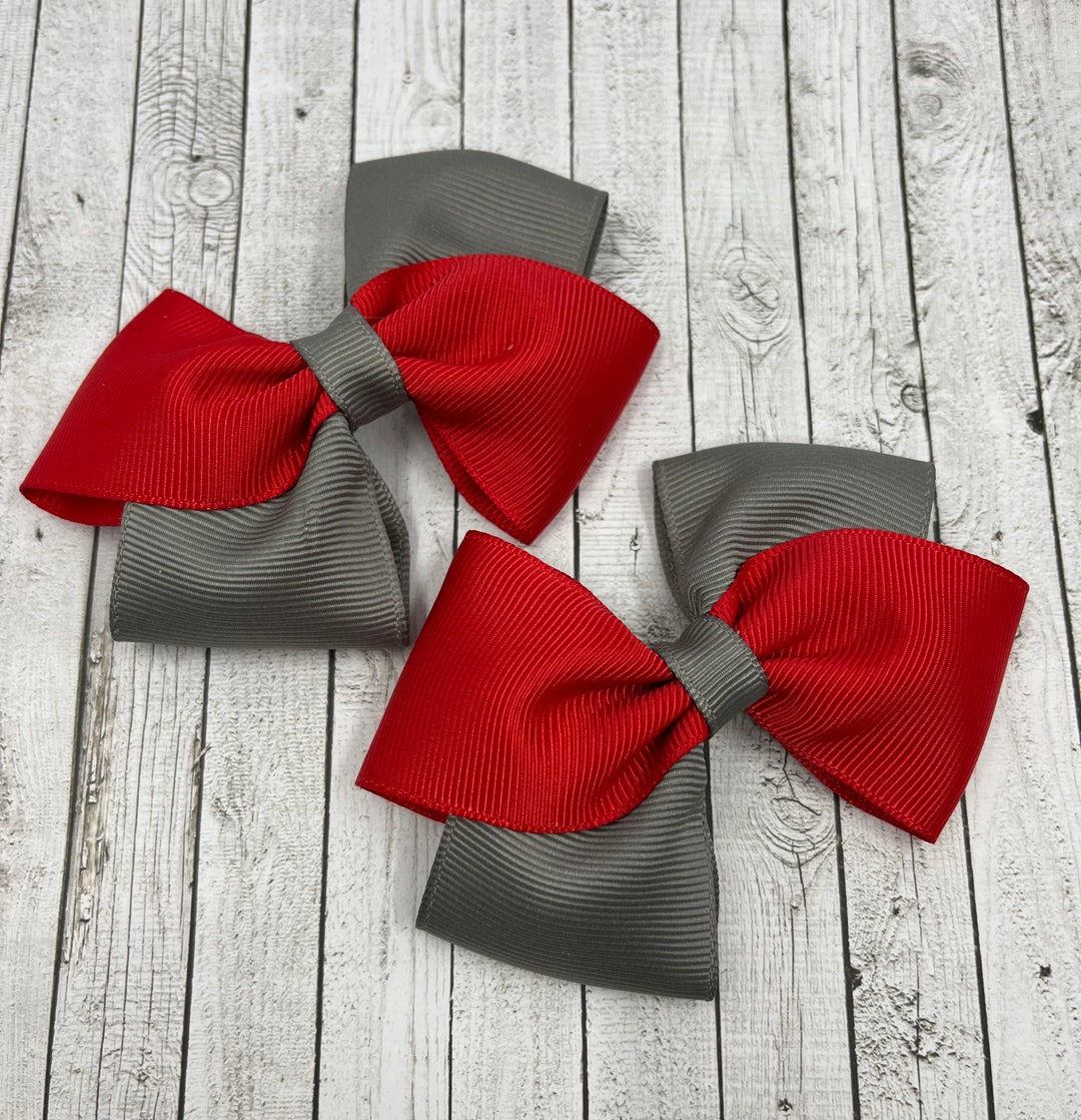 Red and Grey Diagonal Double Bows on Clips pair - Etsy