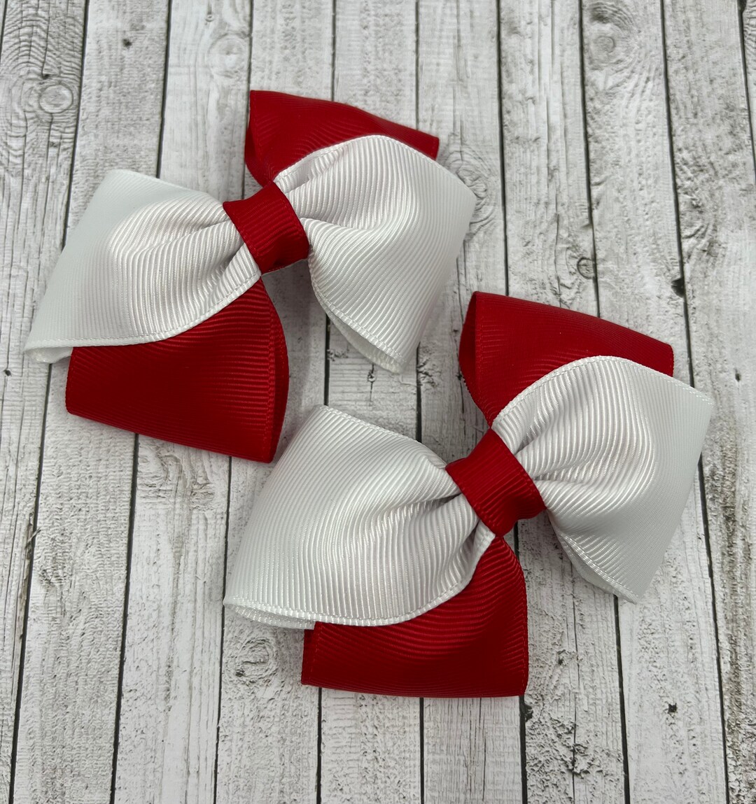 Red and White Diagonal Double Bows on Clips pair - Etsy