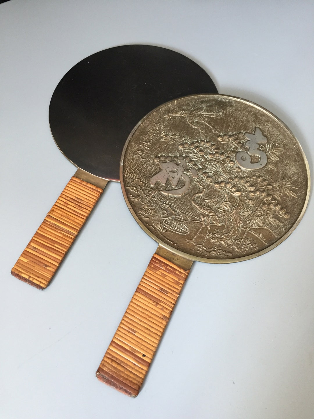 A Matching Pair of Japanese Kagami Bronze Hand Mirror (meiji Period ...