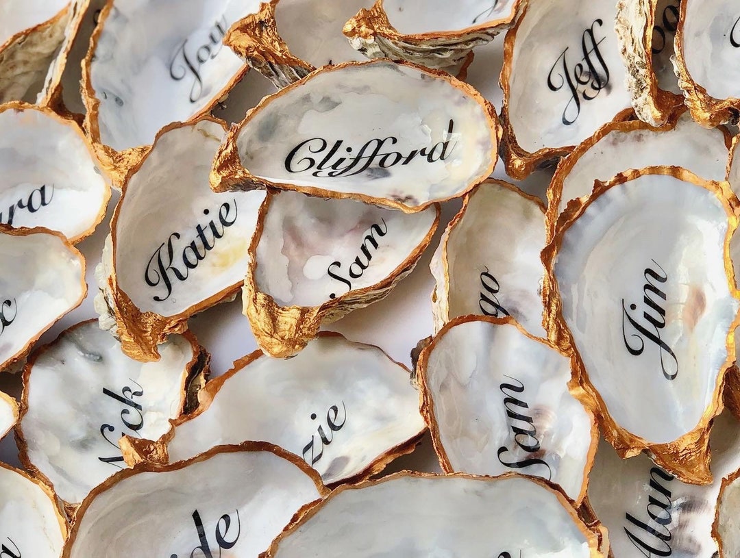 Personalised Name Oyster Shell Sealed With Gloss Varnish and Gold ...