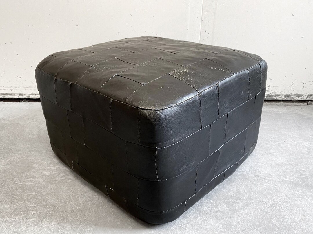Large Mid Century Square Black Leather Patchwork Ottoman / Poof - Etsy