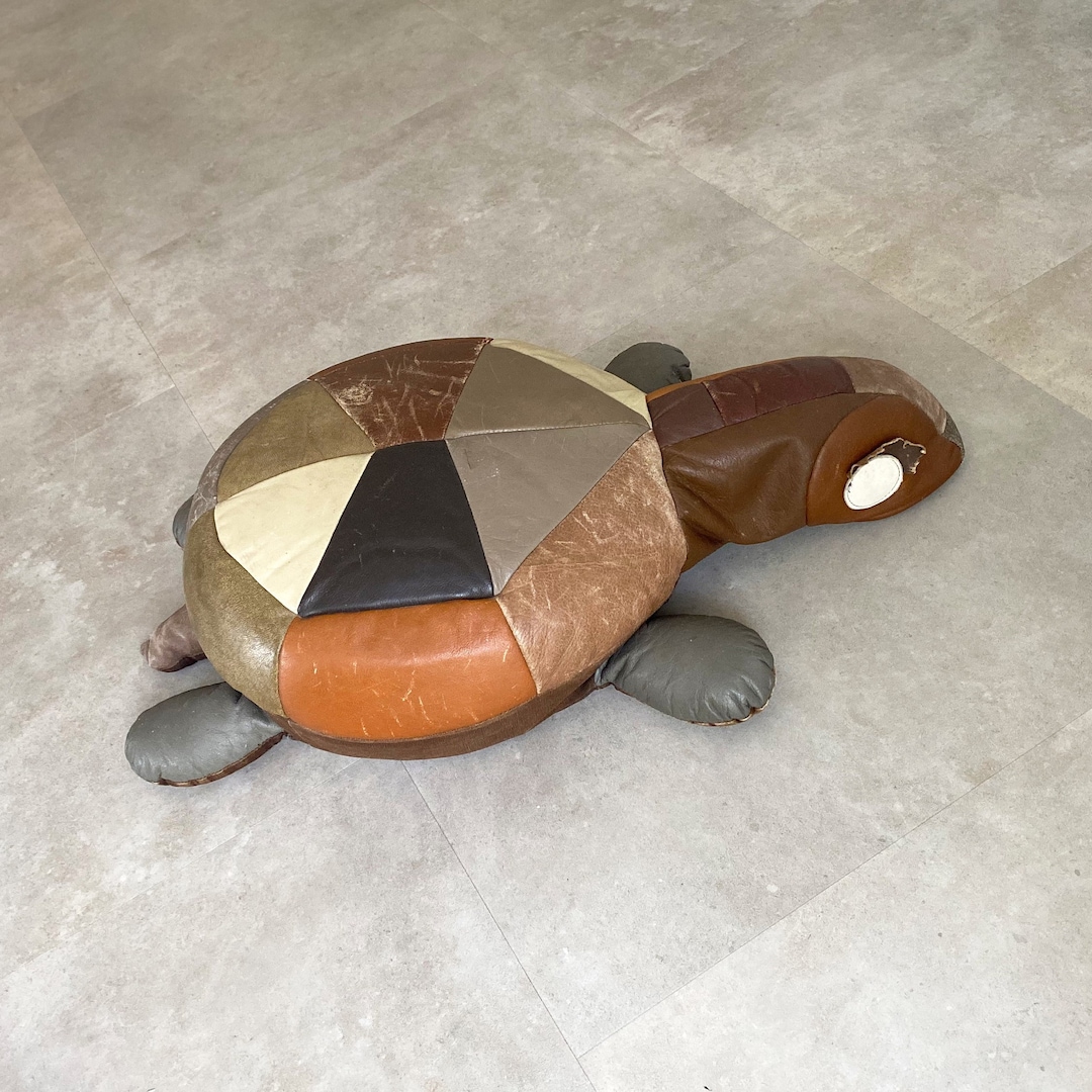Large Vintage Leather Patchwork Turtle Cushion / Poof, Stuffed Leather ...