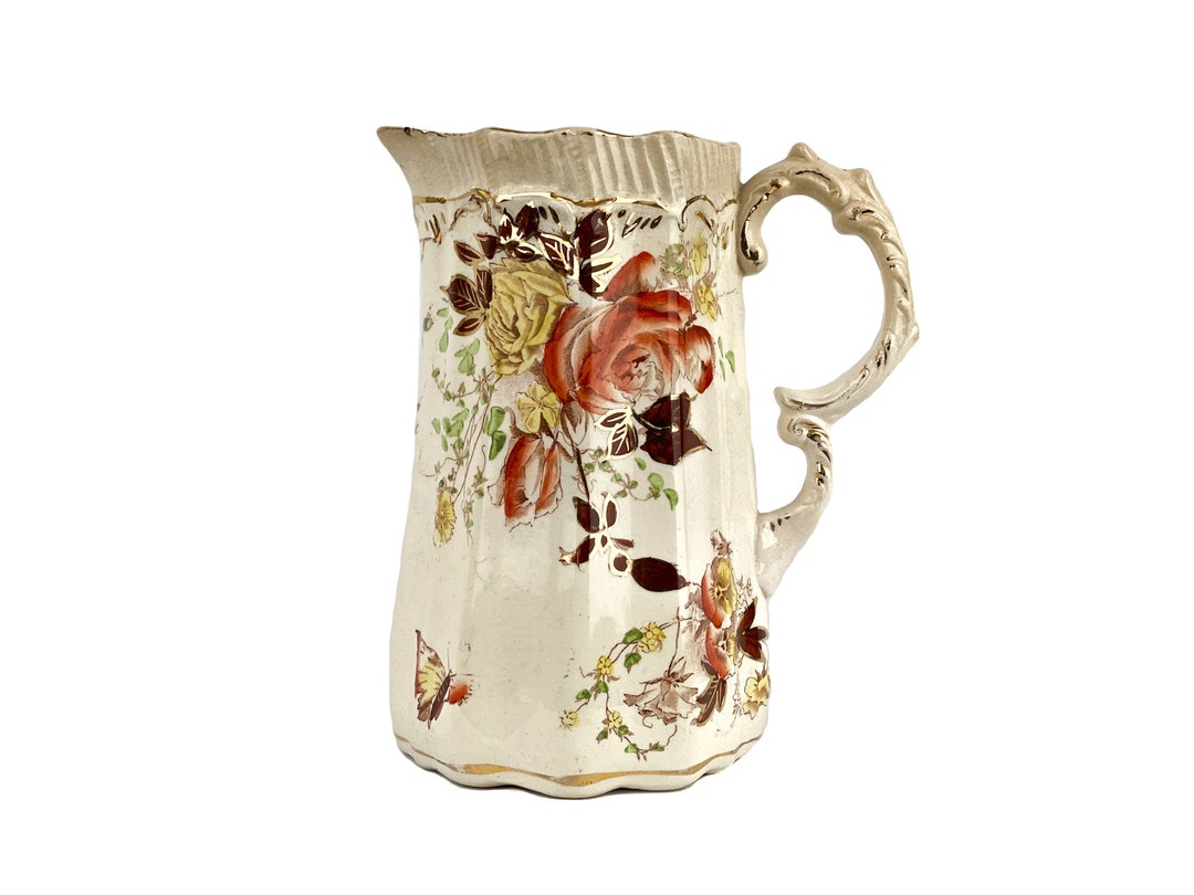 Vintage Ceramic Water Pitcher Floral and Gold Antique - Etsy