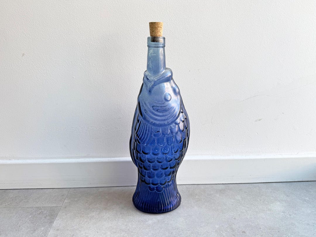 Large Vintage Blue Glass Fish Bottle - Etsy