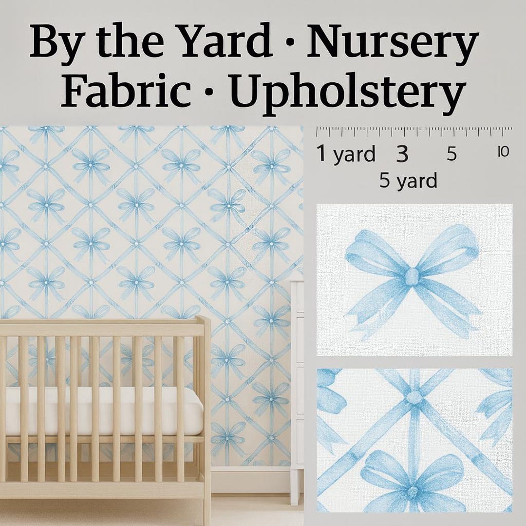 Chinoiserie Blue Bow Fabric: Nursery Decor, Upholstery Material - 60 ...