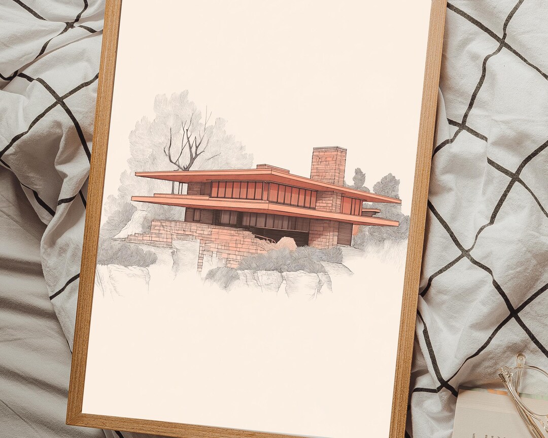 Frank Lloyd Wright Digital Fallingwater Art Print Minimalist Mid ...