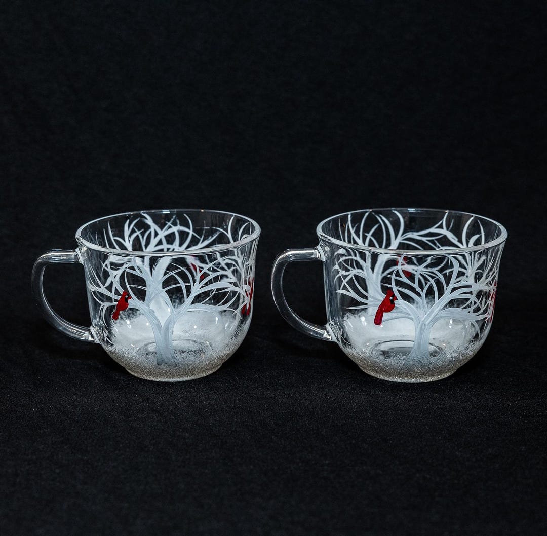 Set of 2, Red Cardinal, White Winter Trees, Hand Painted Coffee Mugs ...