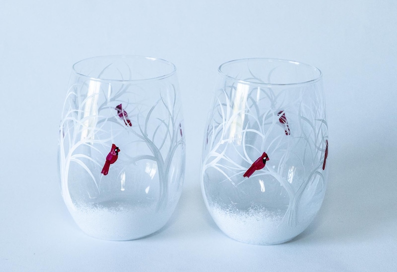 Red Cardinal, White Winter Trees, Hand Painted Stemless Wine Glasses ...