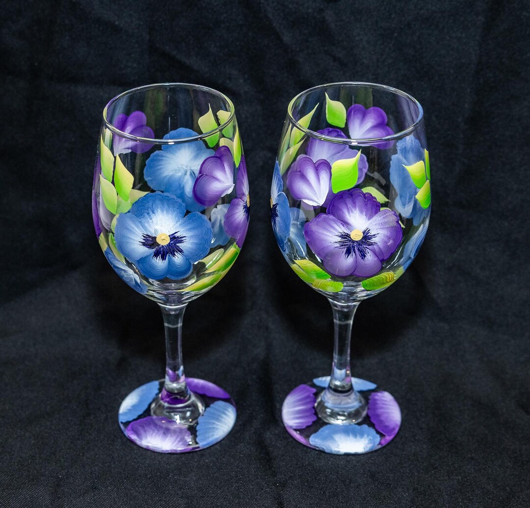 Set of 2 Pansey Wine Glasses, Hand Painted Wine Glasses, Ready to Ship ...