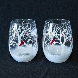 Red Cardinal, White Winter Trees, Hand Painted Stemless Wine Glasses ...
