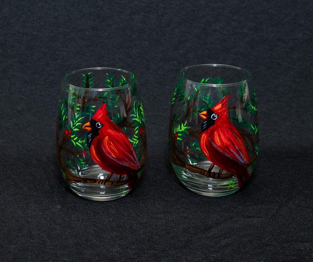 Cardinal, Pine Trees, Berries, Stemless Hand Painted Wine Glasses ...